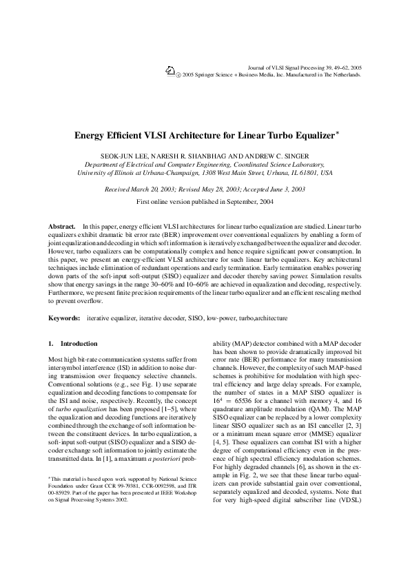 Pdf Energy Efficient Vlsi Architecture For Linear Turbo Equalizer 