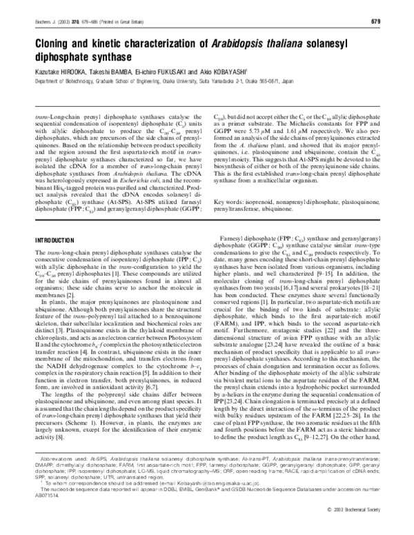 (PDF) Cloning and kinetic characterization of Arabidopsis thaliana solanesyl diphosphate ...
