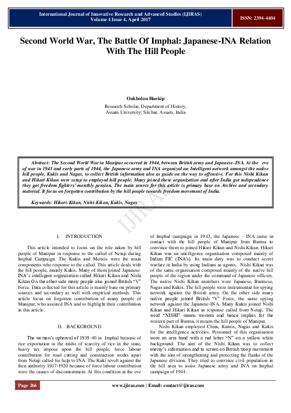 (PDF) Second World War, The Battle Of Imphal: Japanese-INA Relation ...