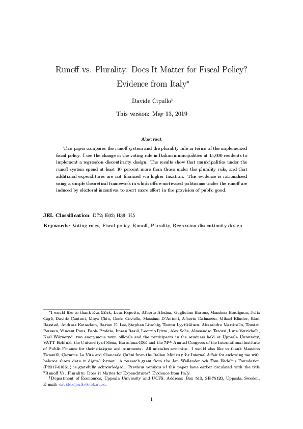 (PDF) Runoff vs . Plurality : Does It Matter for Fiscal Policy ...