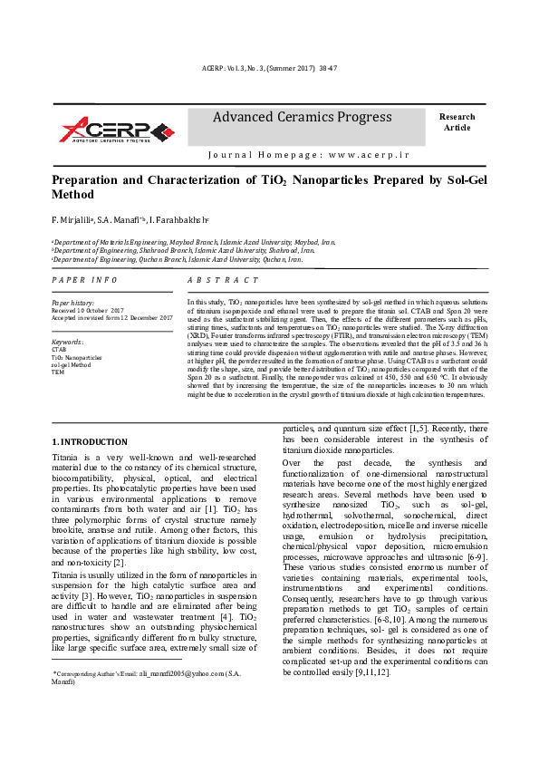 Pdf Preparation And Characterization Of Tio2 Nanoparticles Prepared By Sol Gel Method