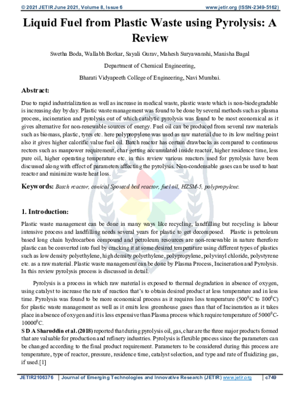 (PDF) Pyrolysis of Plastic Waste for Liquid Fuel Production