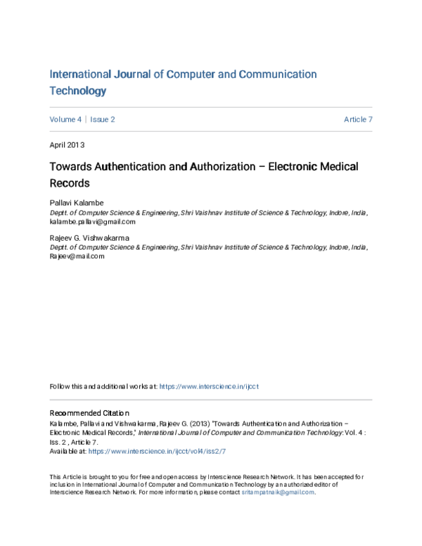 (PDF) Towards Authentication and Authorization – Electronic Medical Records