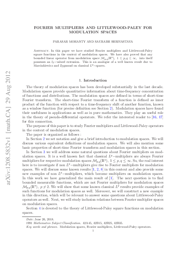 (PDF) Fourier Multipliers and Littlewood-Paley For Modulation Spaces ...