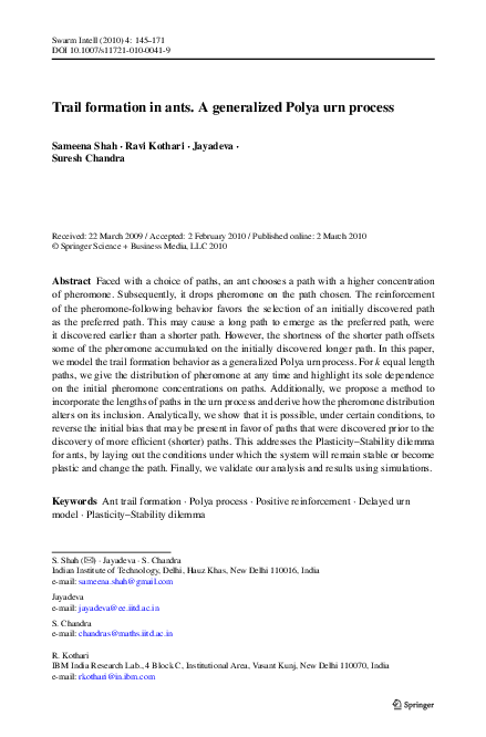(PDF) Trail formation in ants. A generalized Polya urn process