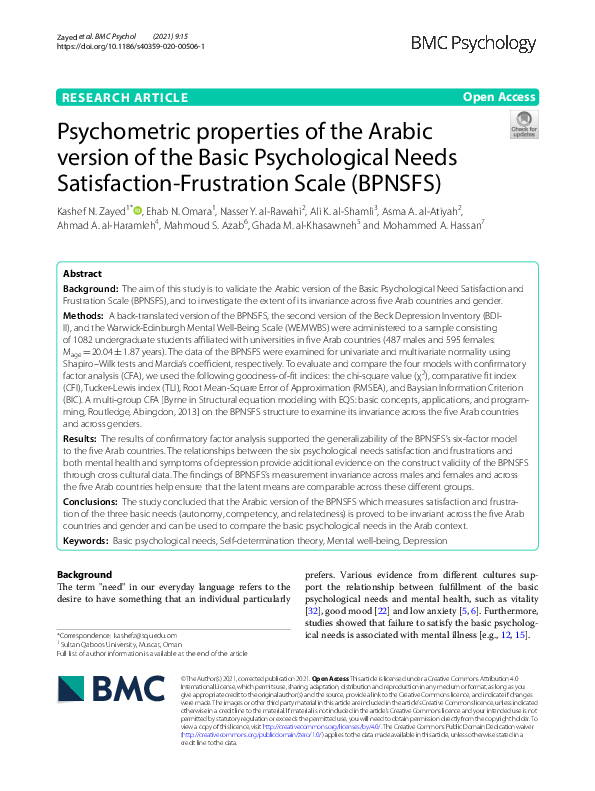 (PDF) Psychometric properties of the Arabic version of the Basic Psychological Needs ...