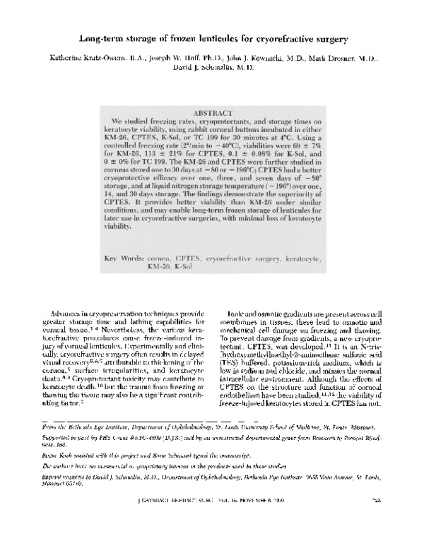 (PDF) Long-term storage of frozen lenticules for cryorefractive surgery