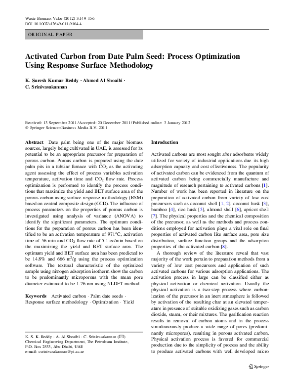 Pdf Activated Carbon From Date Palm Seed Process Optimization Using