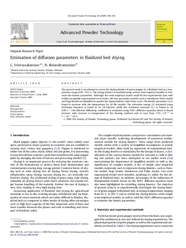 (PDF) Estimation of diffusion parameters in fluidized bed drying