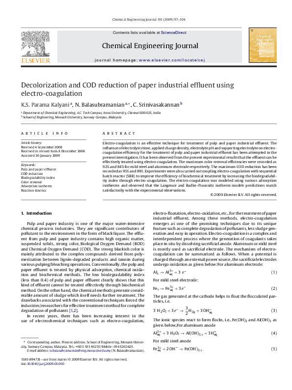 (PDF) Decolorization and COD reduction of paper industrial effluent using electro-coagulation