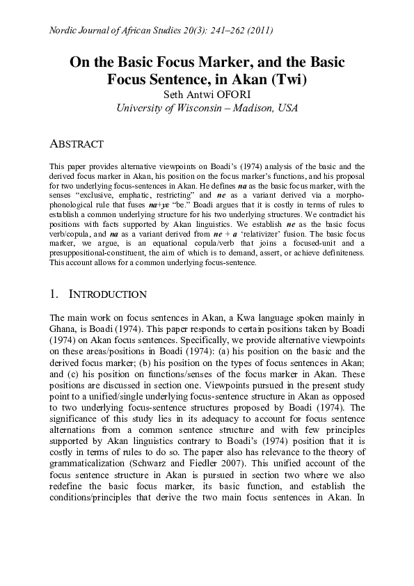 (PDF) On the Basic Focus Marker, and the Basic Focus Sentence, in Akan ...
