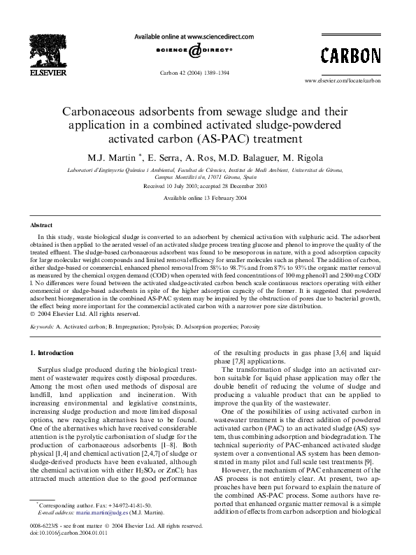 (PDF) Carbonaceous adsorbents from sewage sludge and their application ...
