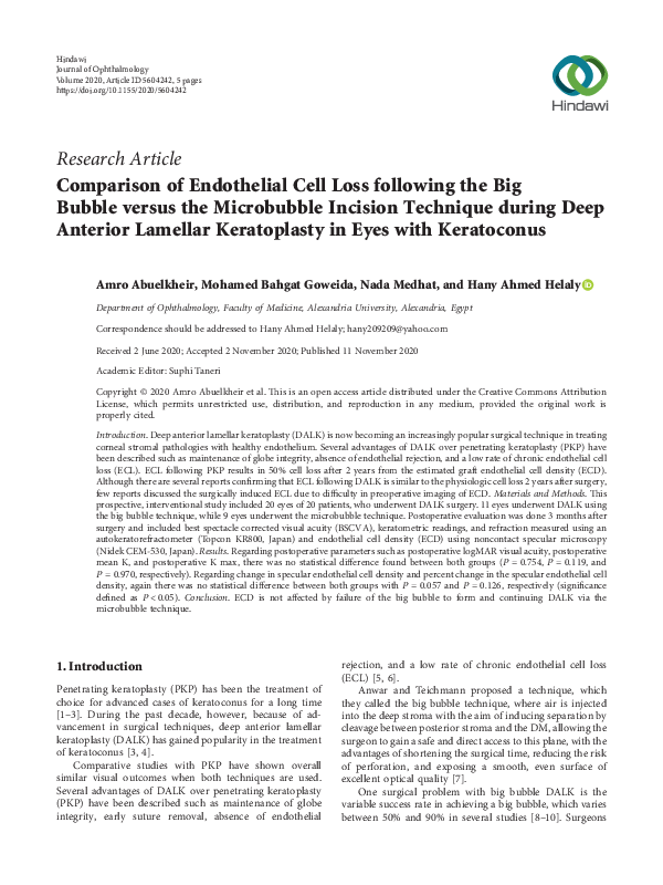 (PDF) Comparison of Endothelial Cell Loss following the Big Bubble ...