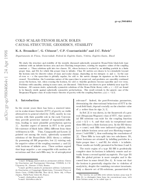 (PDF) Cold Scalar-Tensor Black Holes: Causal Structure, Geodesics, Stability