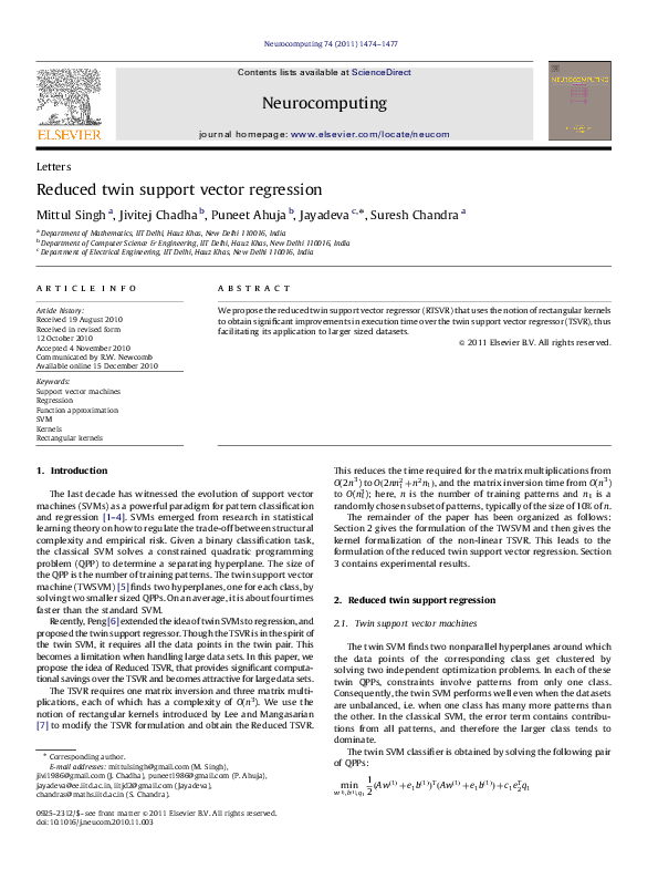 (PDF) Reduced twin support vector regression