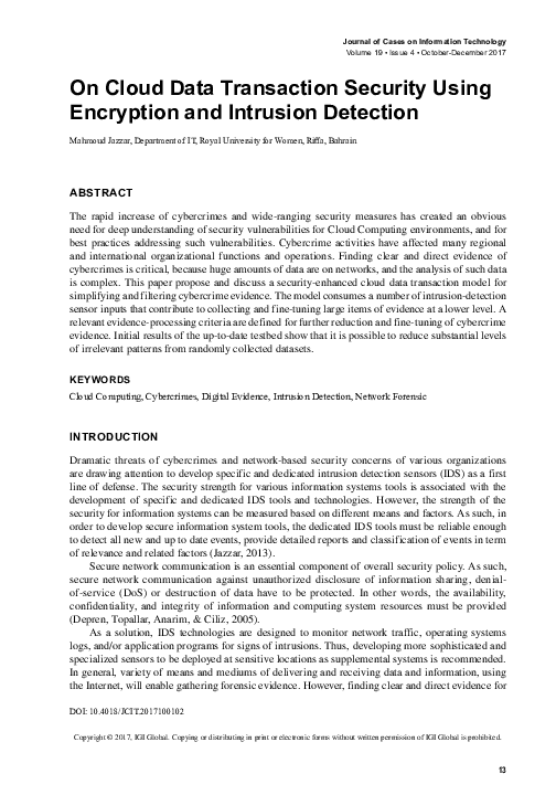 (PDF) On Cloud Data Transaction Security Using Encryption and Intrusion Detection