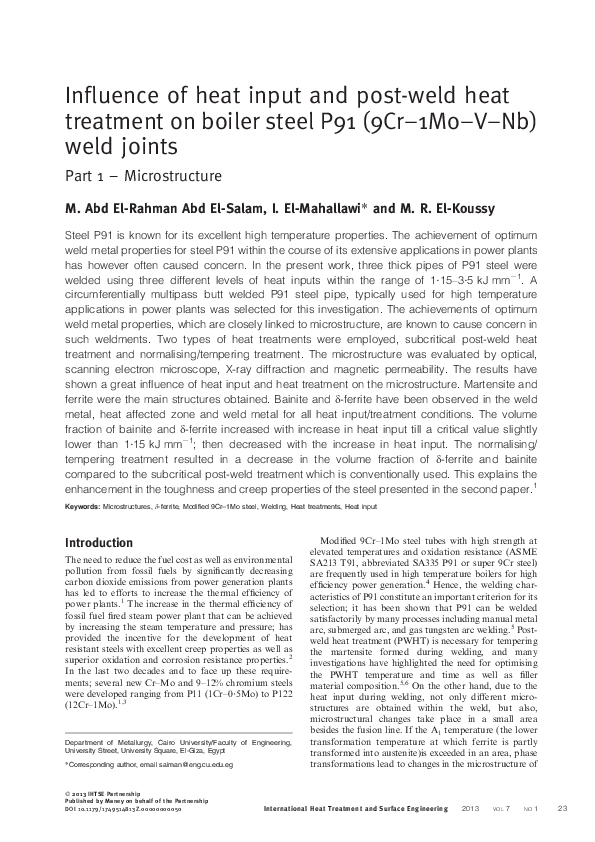 (PDF) Influence of heat input and post-weld heat treatment on boiler ...
