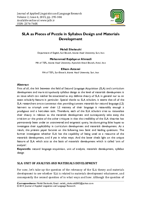(PDF) SLA as Pieces of Puzzle in Syllabus Design and Materials Development