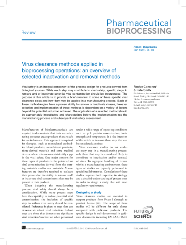(PDF) Virus clearance methods applied in bioprocessing operations: an ...