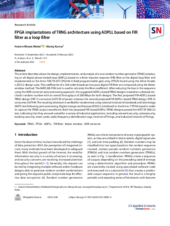 Pdf Fpga Implantations Of Trng Architecture Using Adpll Based On Fir Filter As A Loop Filter