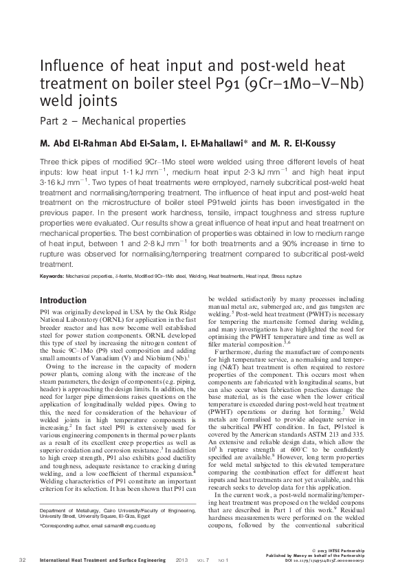 (PDF) Influence of heat input and post-weld heat treatment on boiler steel P91 (9Cr-1Mo-V-Nb ...