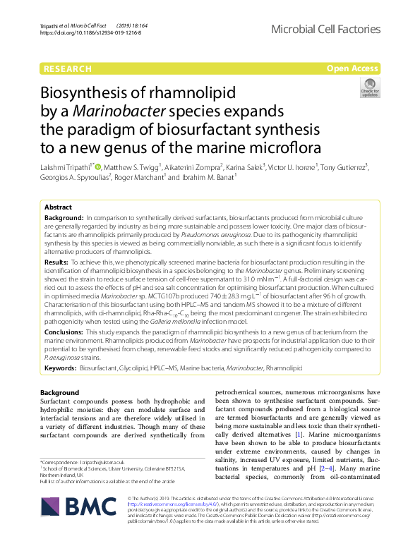 (PDF) Biosynthesis of rhamnolipid by a Marinobacter species expands the ...