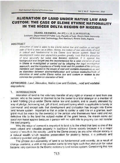 (PDF) ALIENATION OF LAND UNDER NATIVE LAW AND CUSTOM: THE CASE OF ELEME ...