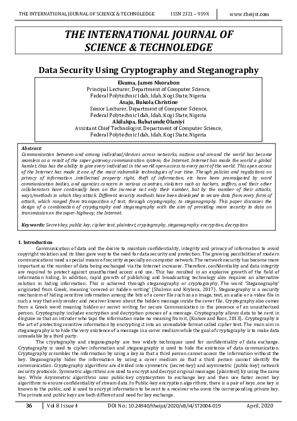 Pdf Data Security Using Cryptography And Steganography 