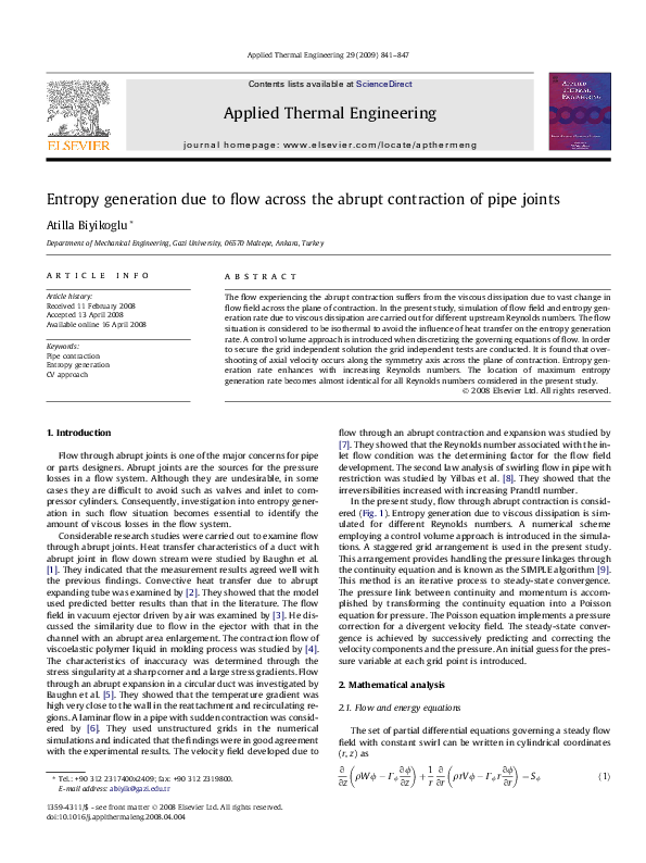 (PDF) Entropy generation due to flow across the abrupt contraction of ...