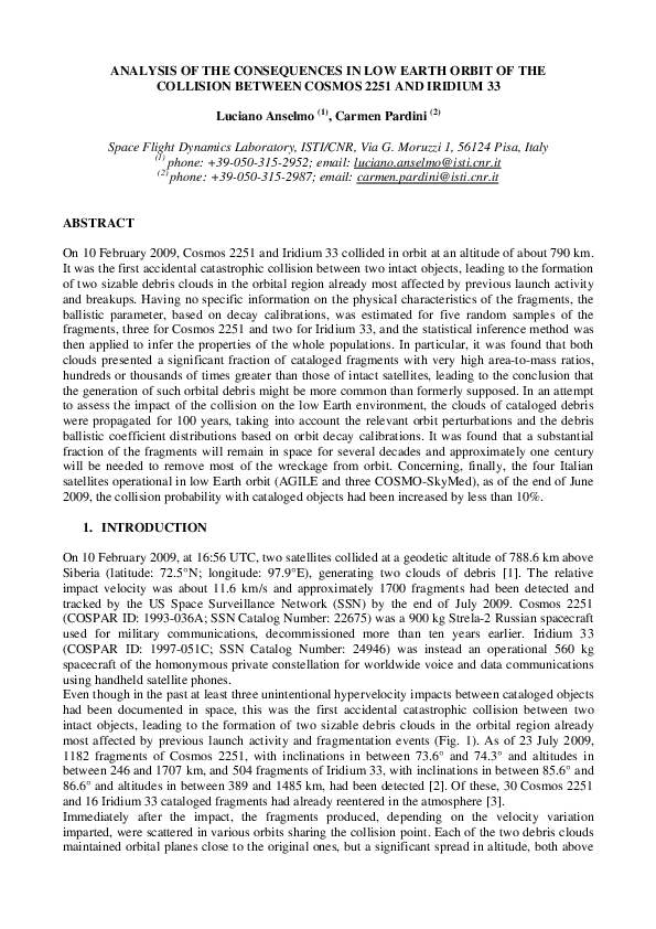 (PDF) Analysis of the Consequences in Low Earth Orbit of the Collision ...