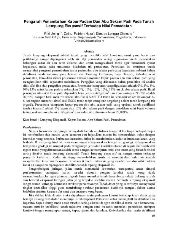 Pengaruh Penambahan Kapur Padam Dan Abu Sekam Padi Pada Tanah Lempung ...