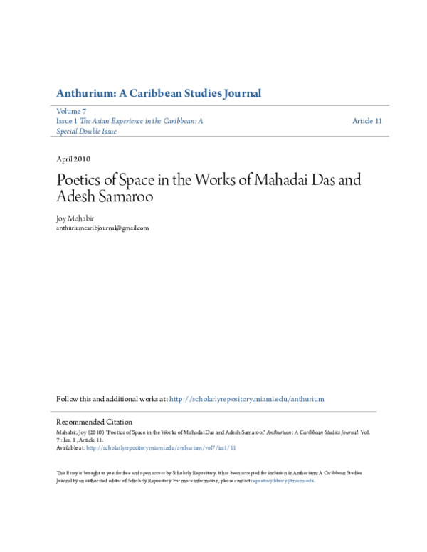 (PDF) Poetics of Space in the Works of Mahadai Das and Adesh Samaroo