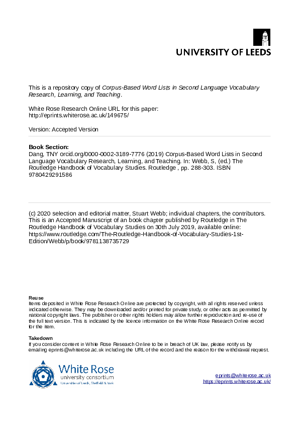 (PDF) Corpus-Based Word Lists in Second Language Vocabulary Research, Learning, and Teaching