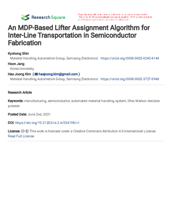 Pdf An Mdp Based Lifter Assignment Algorithm For Inter Line Transportation In Semiconductor