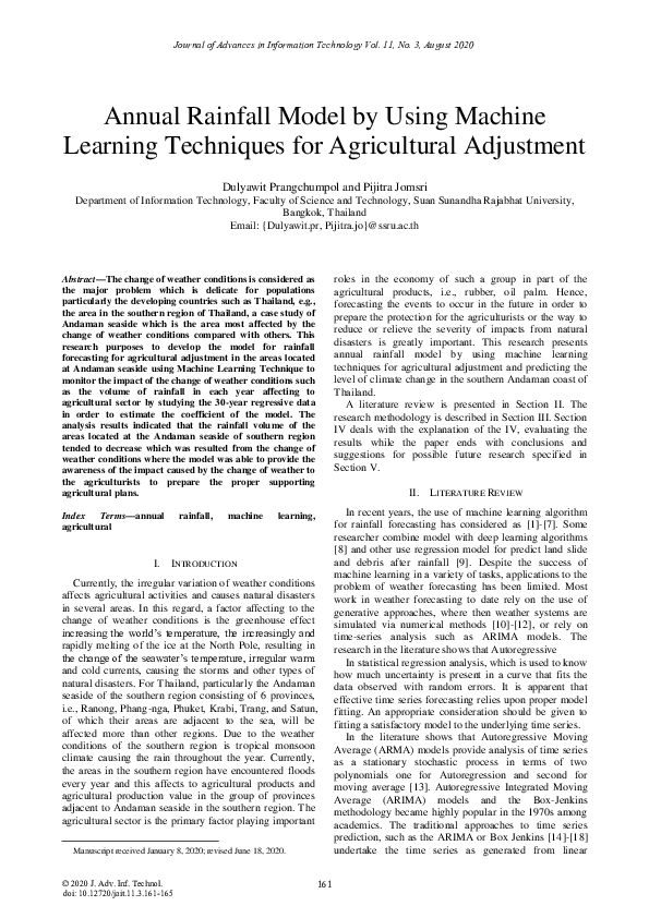 (PDF) Annual Rainfall Model by Using Machine Learning Techniques for Agricultural Adjustment