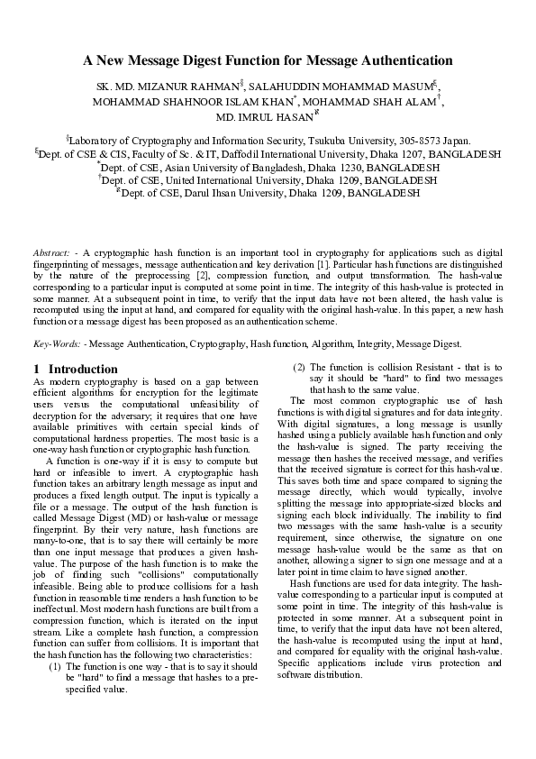 (PDF) A New Message Digest Function for Message Authentication