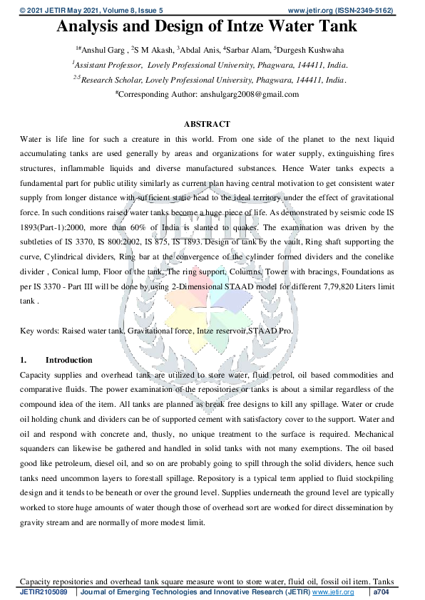 (PDF) Design and Analysis of Intze Water Tank