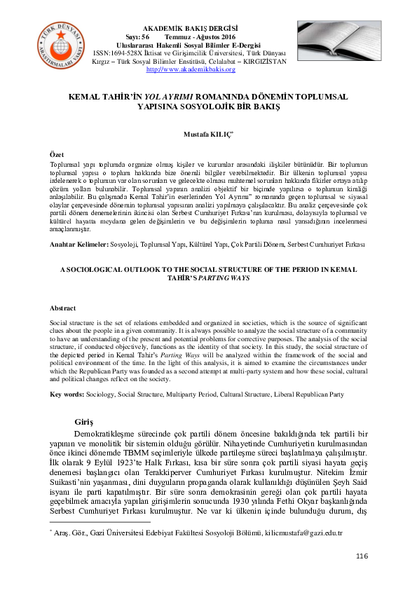 (PDF) KEMAL TAHİR'İN YOL AYRIMI ROMANINDA DÖNEMİN TOPLUMSAL YAPISINA ...