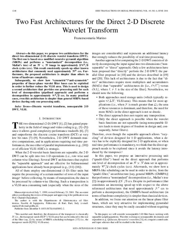 Pdf Two Fast Architectures For The Direct 2 D Discrete Wavelet Transform