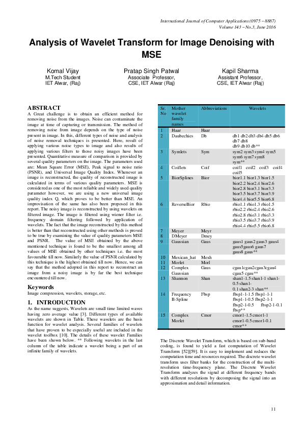 (PDF) Analysis of Wavelet Transform for Image Denoising with MSE | Komal Vijay - Academia.edu