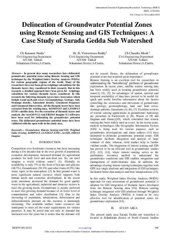 Pdf Delineation Of Groundwater Potential Zones Using Remote Sensing And Gis Techniques A Case