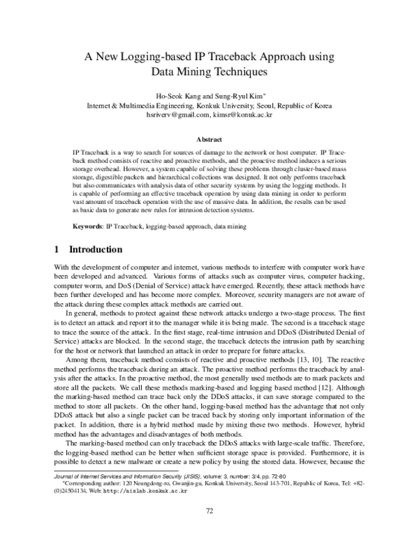 Pdf A New Logging Based Ip Traceback Approach Using Data Mining Techniques 5053