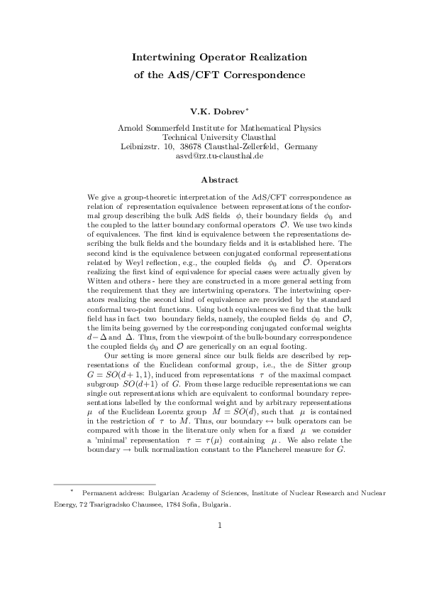(PDF) Intertwining operator realization of the AdS/CFT correspondence