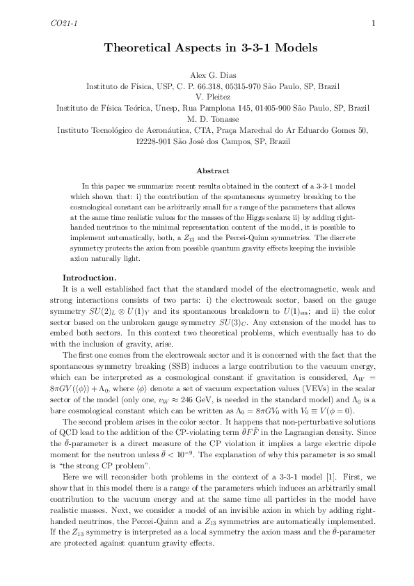 (PDF) Theoretical Aspects in 3-3-1 Models