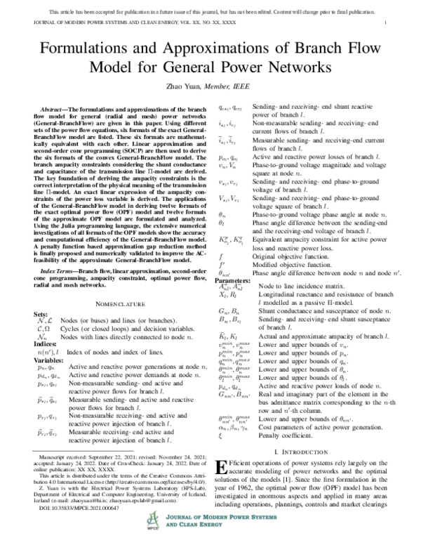 (PDF) Formulations and Approximations of Branch Flow Model for General ...