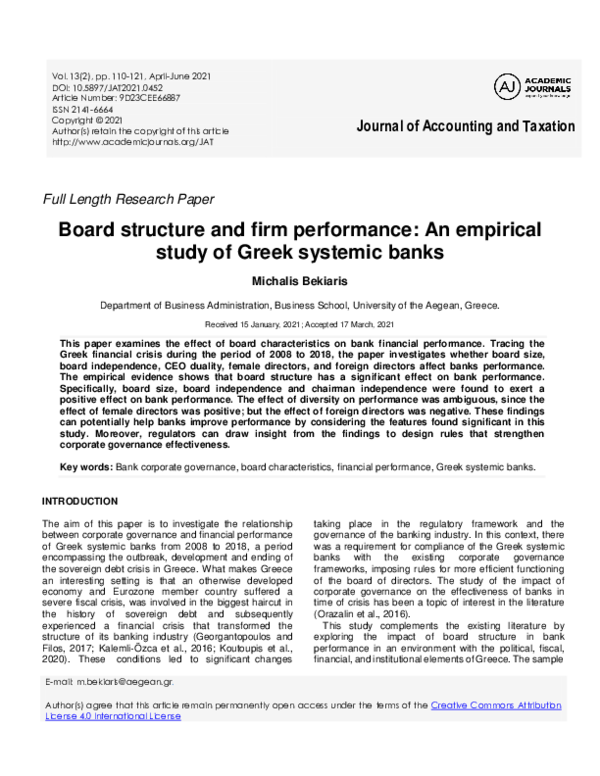(PDF) Board structure and firm performance: An empirical study of Greek ...