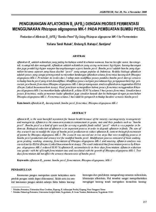 (PDF) PENGURANGAN AFLATOKSIN B (AFB ) DENGAN PROSES FERMENTASI MENGGUNAKAN Rhizopus oligosporus ...