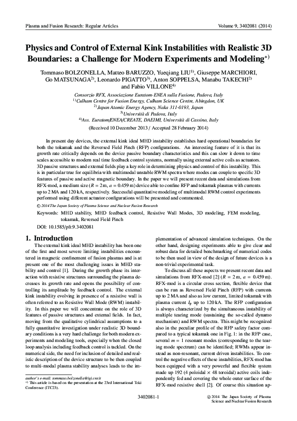 (PDF) Physics and Control of External Kink Instabilities with Realistic 3D Boundaries: a ...