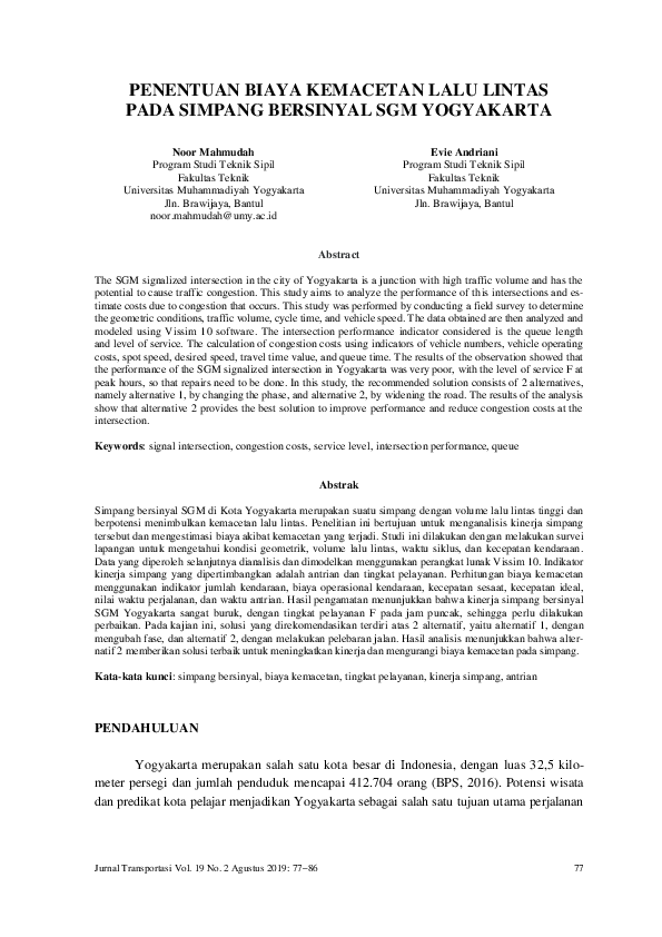 (PDF) Penentuan Biaya Kemacetan Lalu Lintas Pada Simpang Bersinyal SGM ...