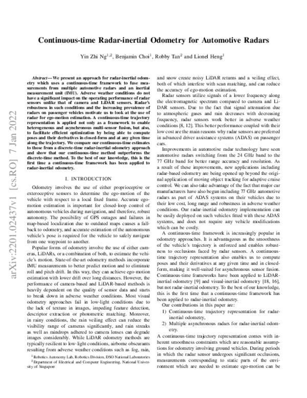 (PDF) Continuous-time Radar-inertial Odometry for Automotive Radars